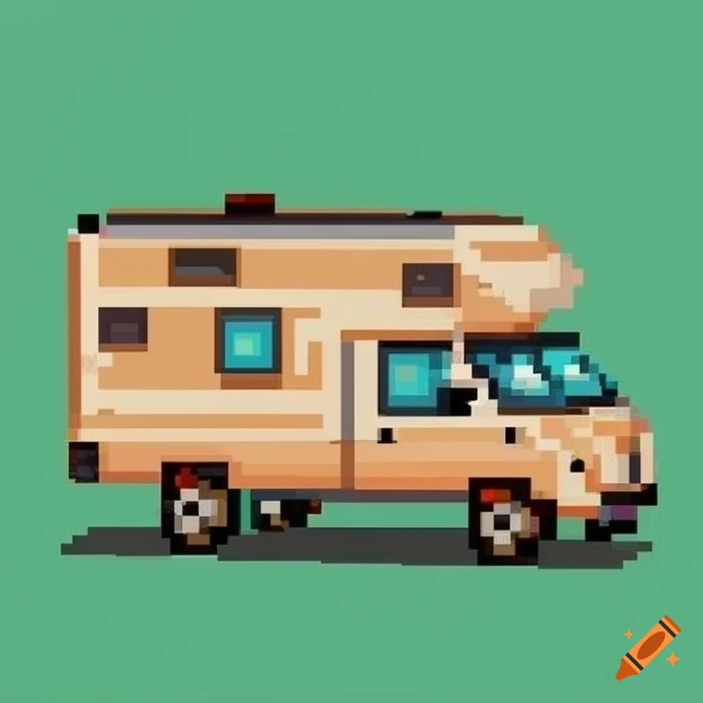 Pixel art of a camper van in the french countryside