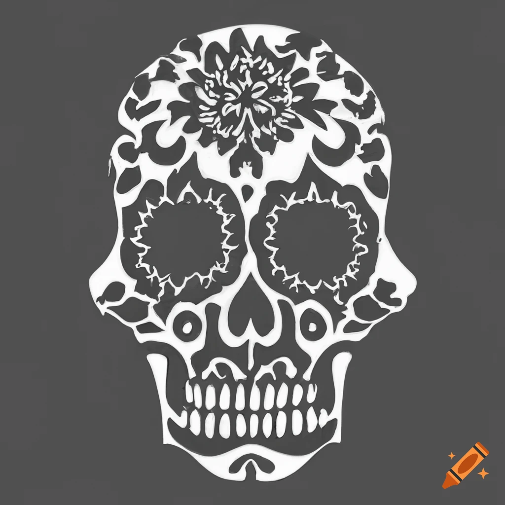Outline stencil of an angry Dia de Muertos skull on Craiyon
