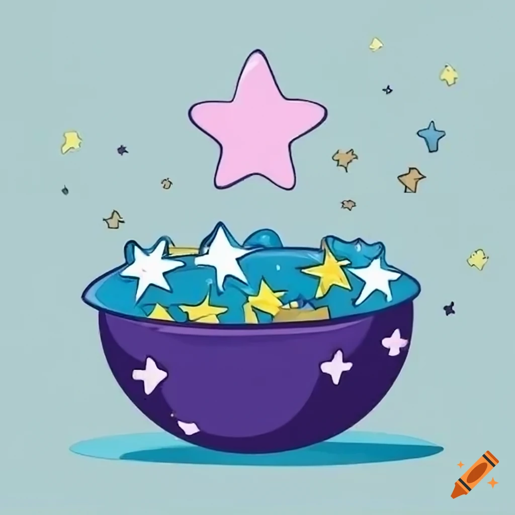 Cartoon illustration of a bowl filled with stars on Craiyon