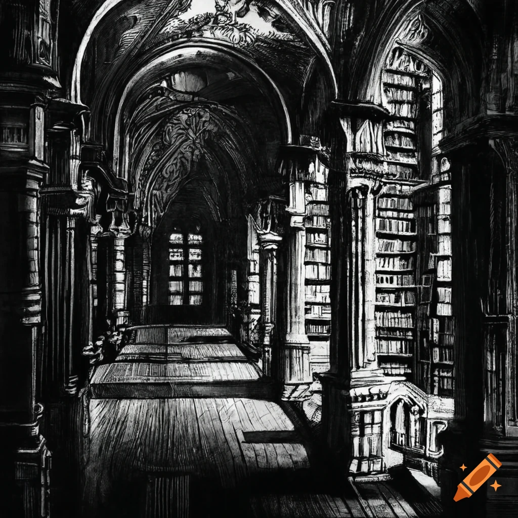 Black and white etching of a gothic library