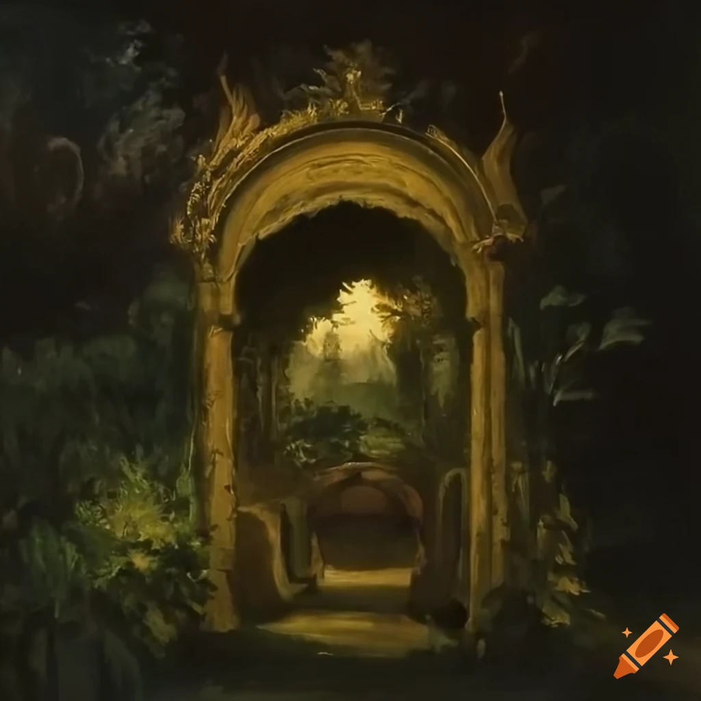 Baroque painting of a gravestone in the woods at night on Craiyon