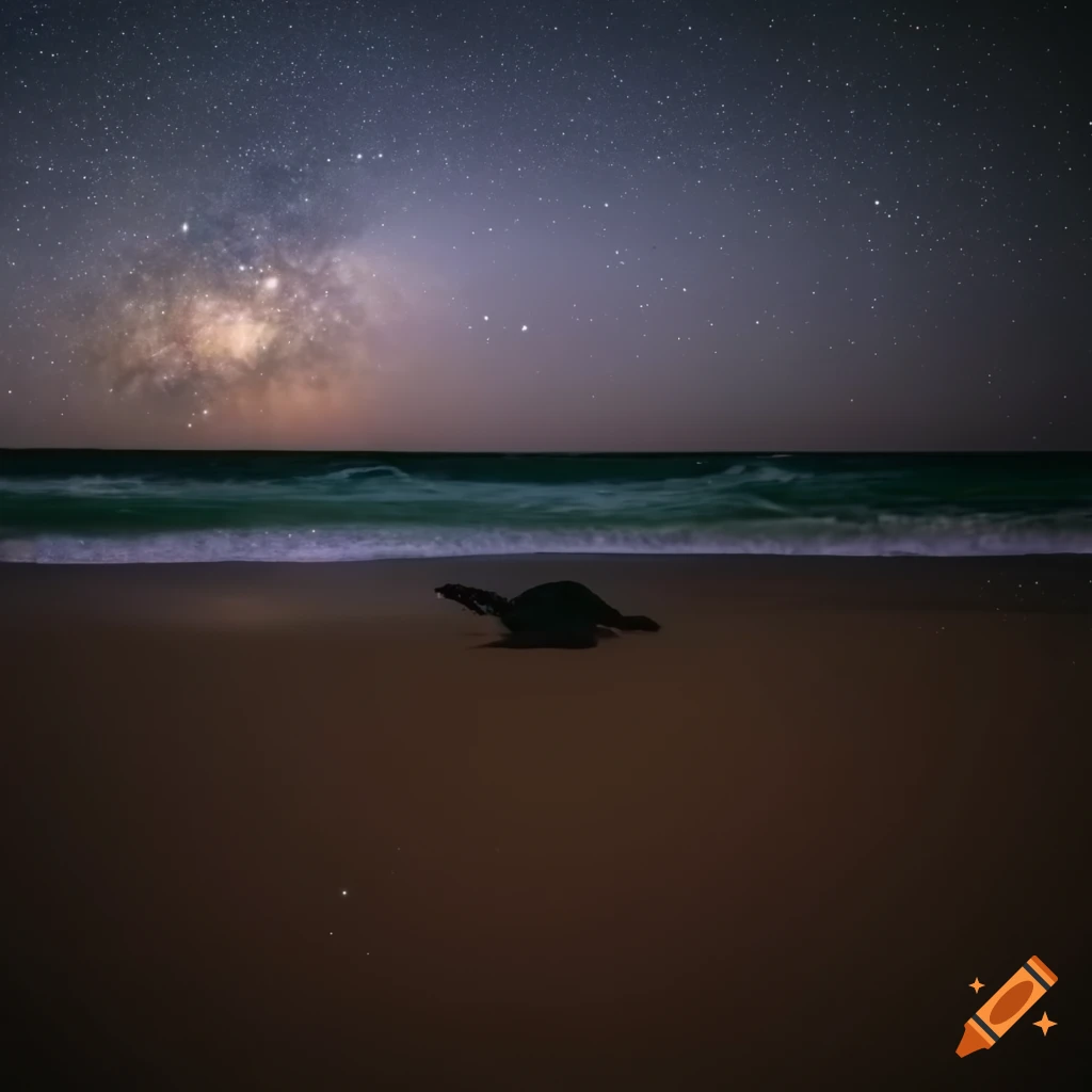Turtle resting on a sandy beach under a starry night sky on Craiyon