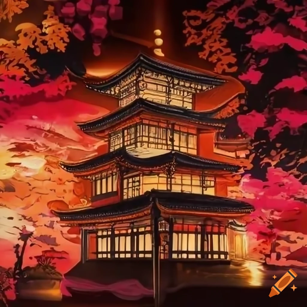 Brightly lit traditional Japanese building with intricate decorations ...