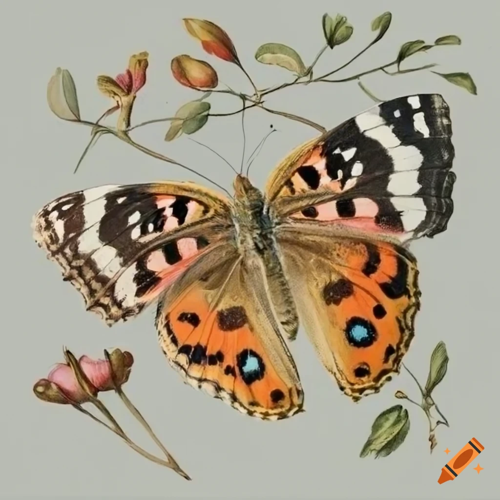 Scientific illustration of a painted lady butterfly