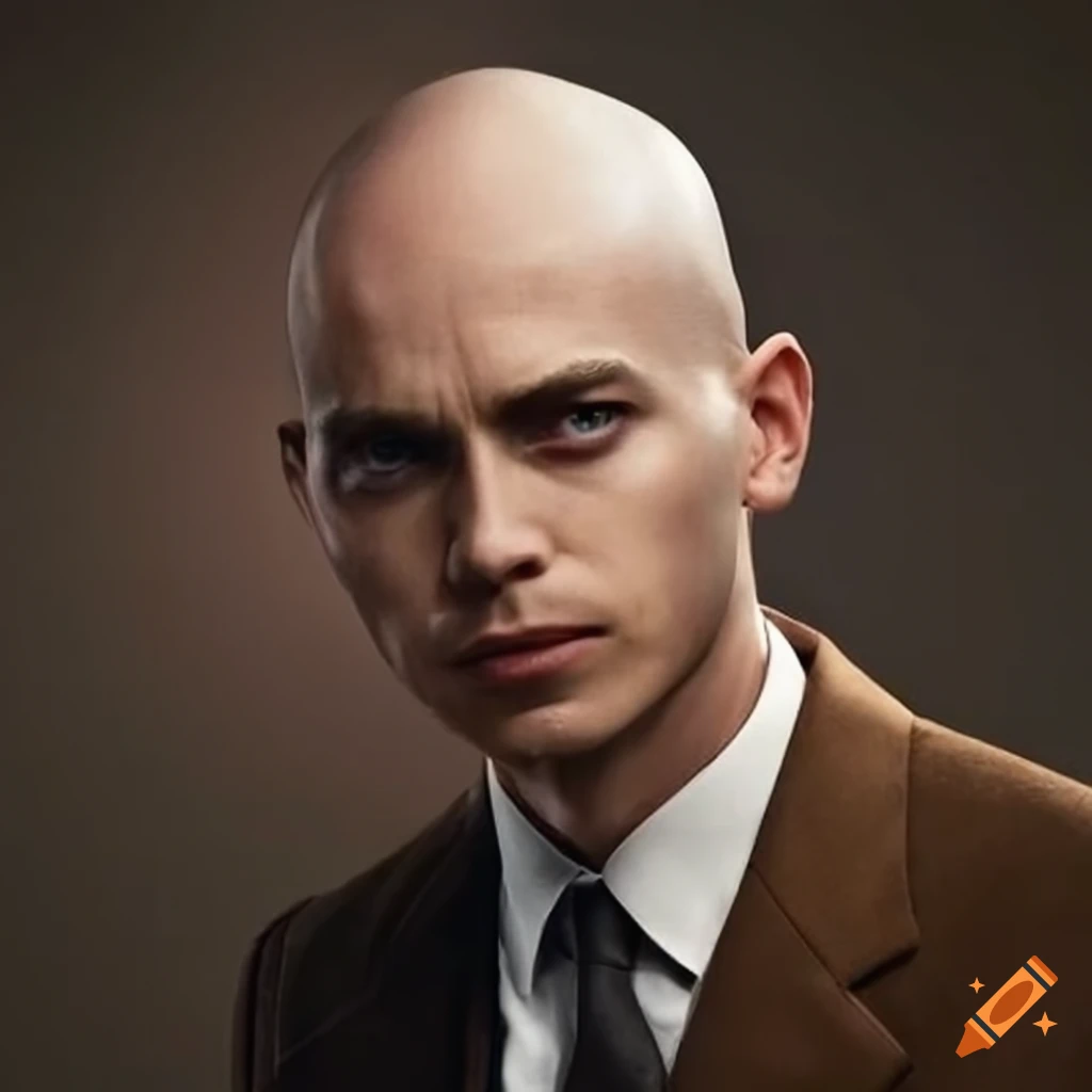 James mcavoy as professor x, bald, 1960 suit, blue backdrop on Craiyon