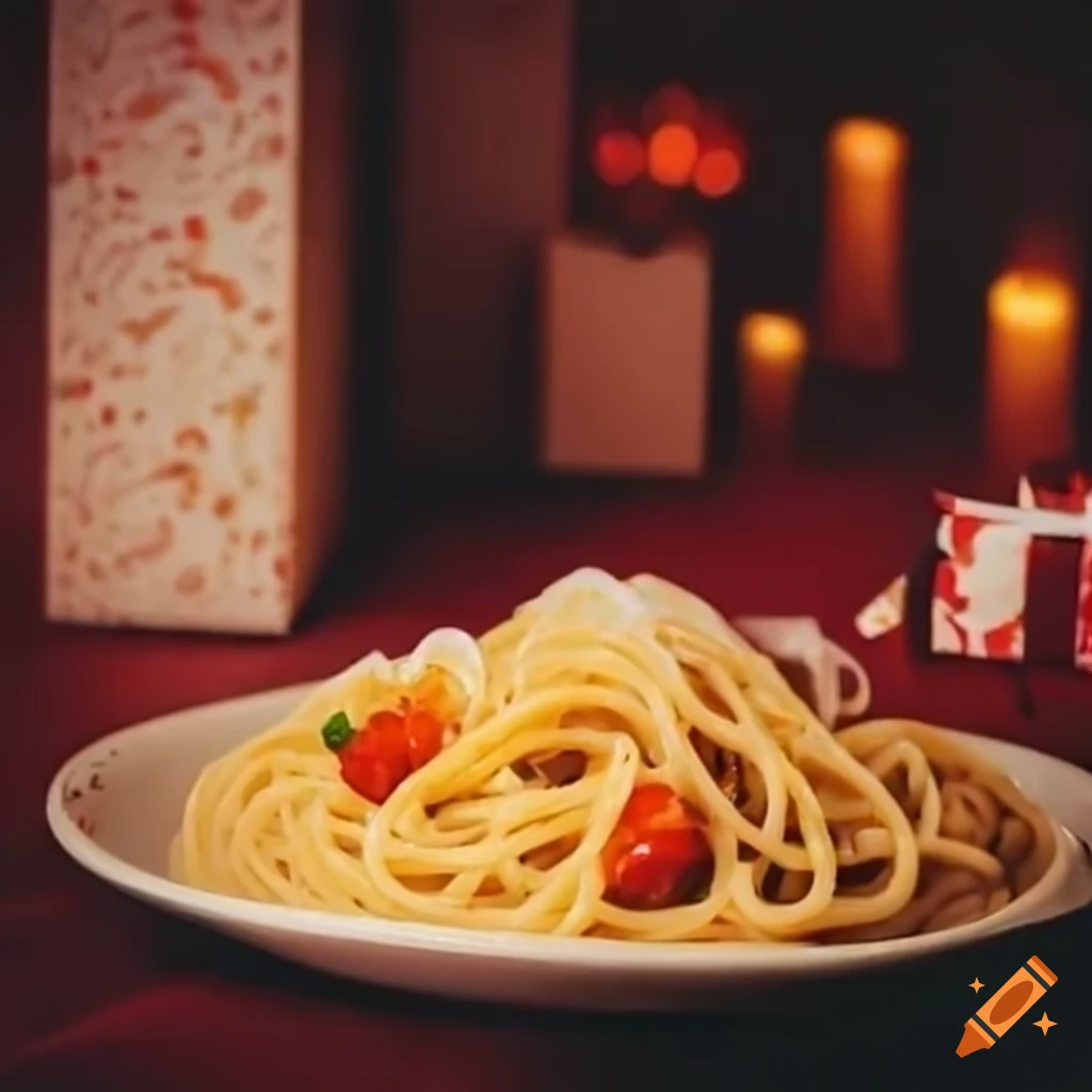 Spaghetti dinner with a gift box on Craiyon