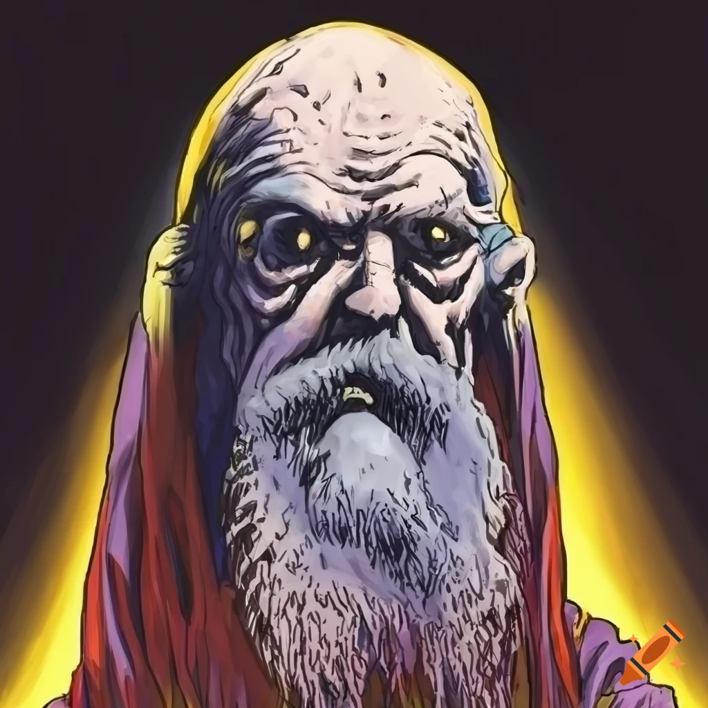 Closeup of an evil wizard in moebius style