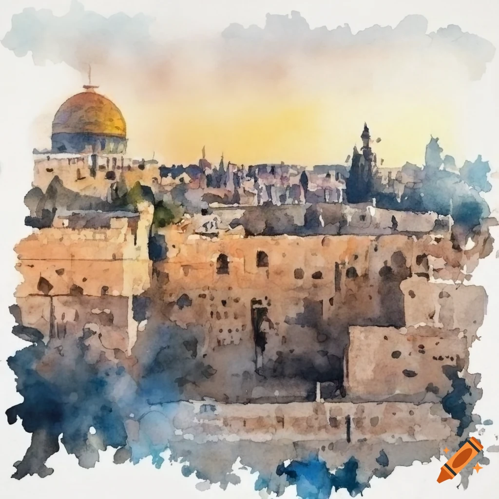 Jerusalem landscape from afar in watercolor with white background on ...