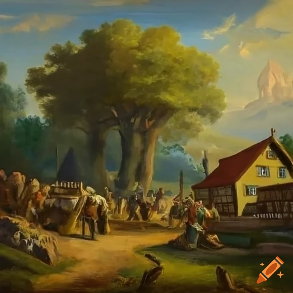 Baroque painting of farmers celebrating in a german village on Craiyon