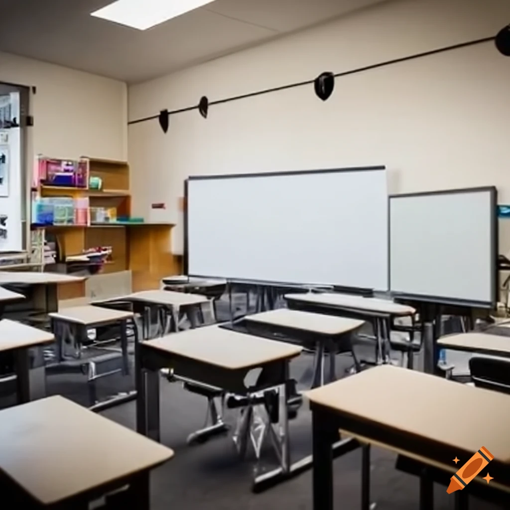 Well-lit modern classroom with large windows and green plants on Craiyon