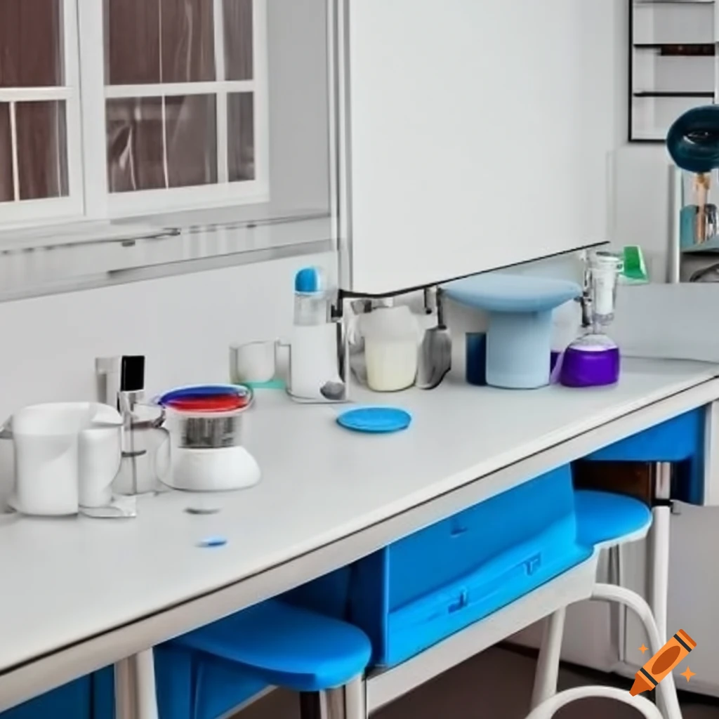 Laboratory table with white top and blue edges on Craiyon