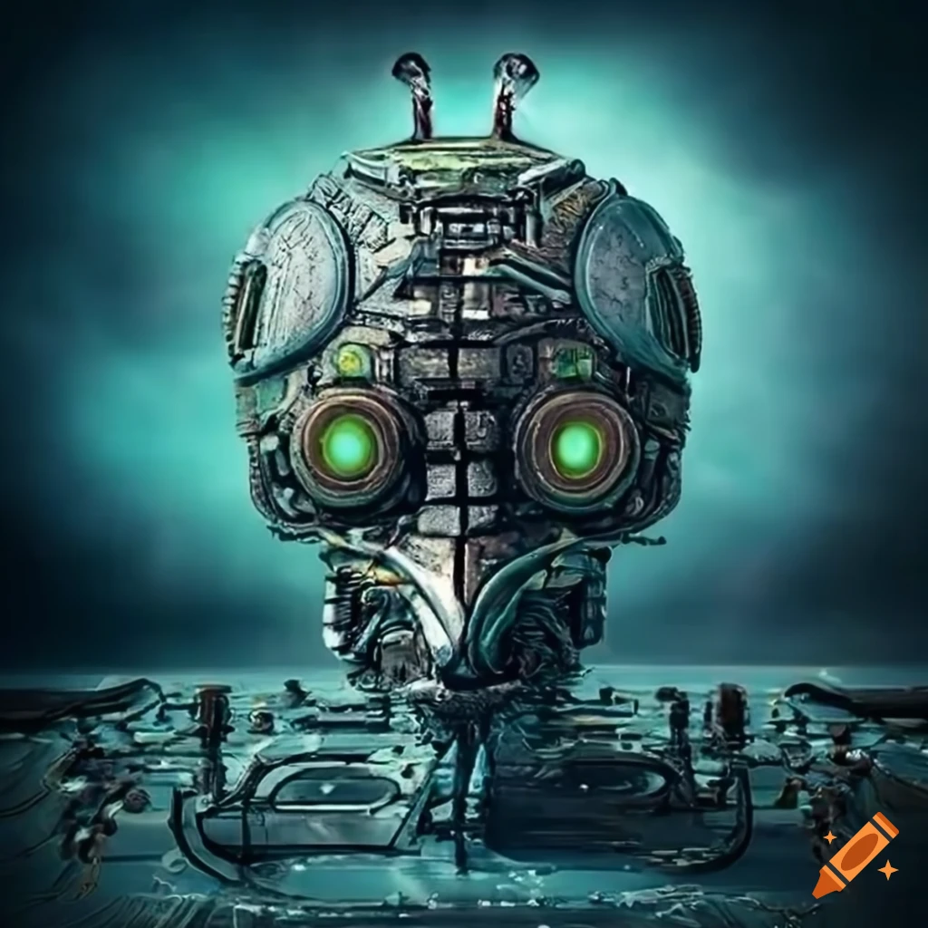 Surrealist artwork of aliens and machines in front of a computer on Craiyon