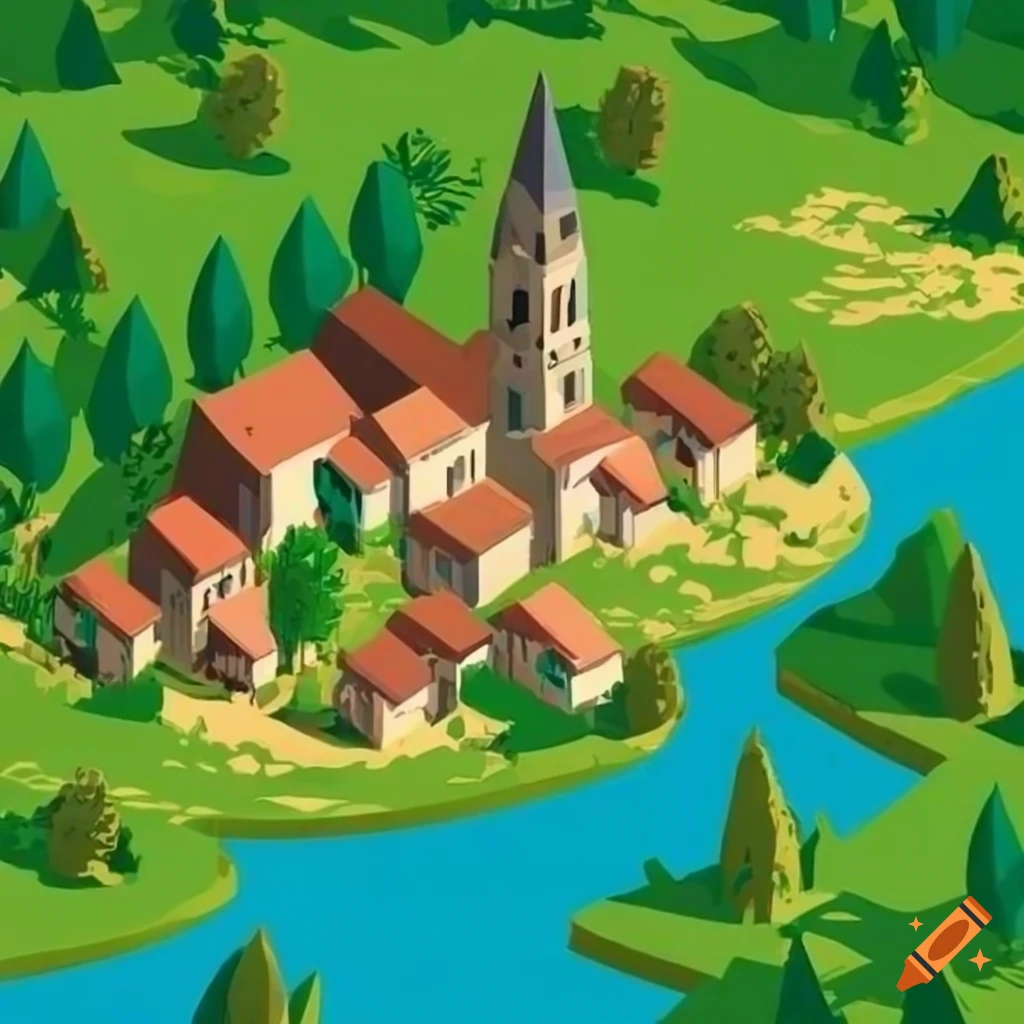 Isometric view of a traditional french village surrounded by crops and ...