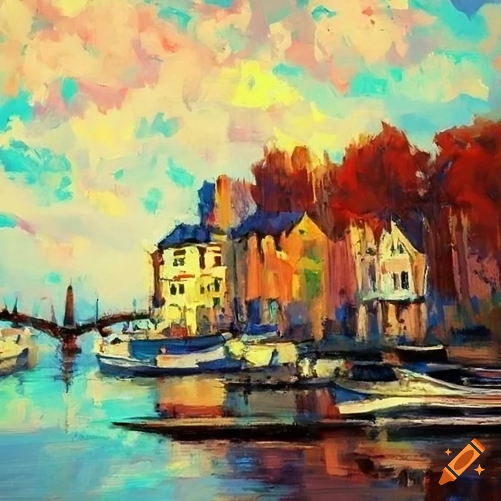 Impressionist painting of a colorful city near a river on Craiyon