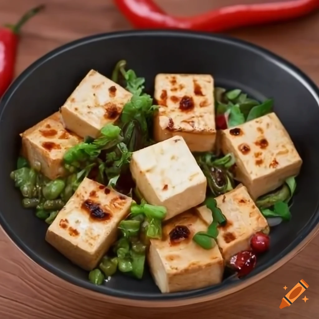 Plate of tofu with grilled spinach and bell peppers, served with a cup ...