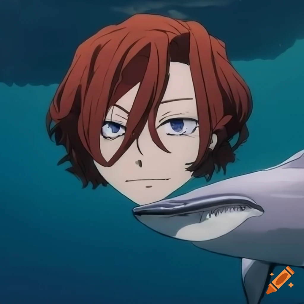 Artwork of Chuuya from BSD sitting on a shark on Craiyon