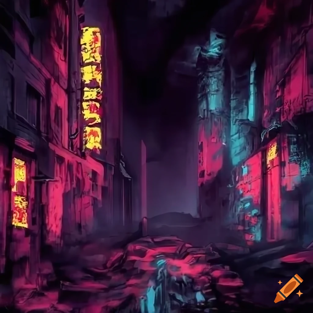 Japanese art of a destroyed neon cityscape on Craiyon