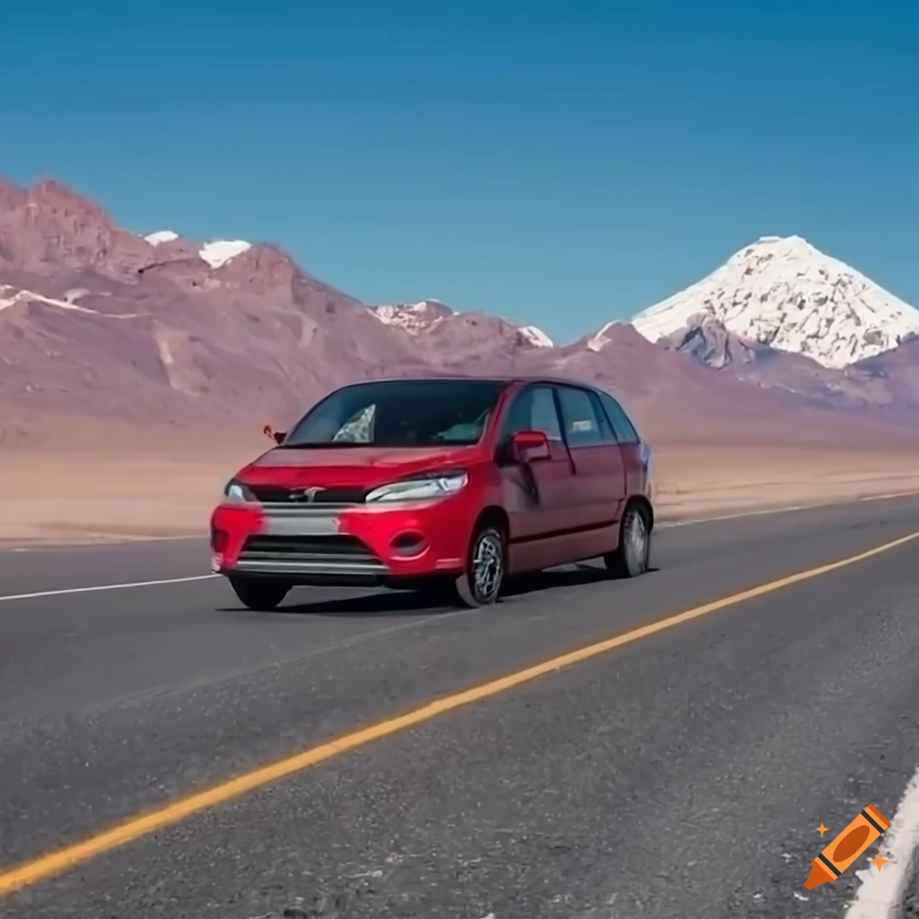 Red car driving on an asphalt road in the desert on Craiyon