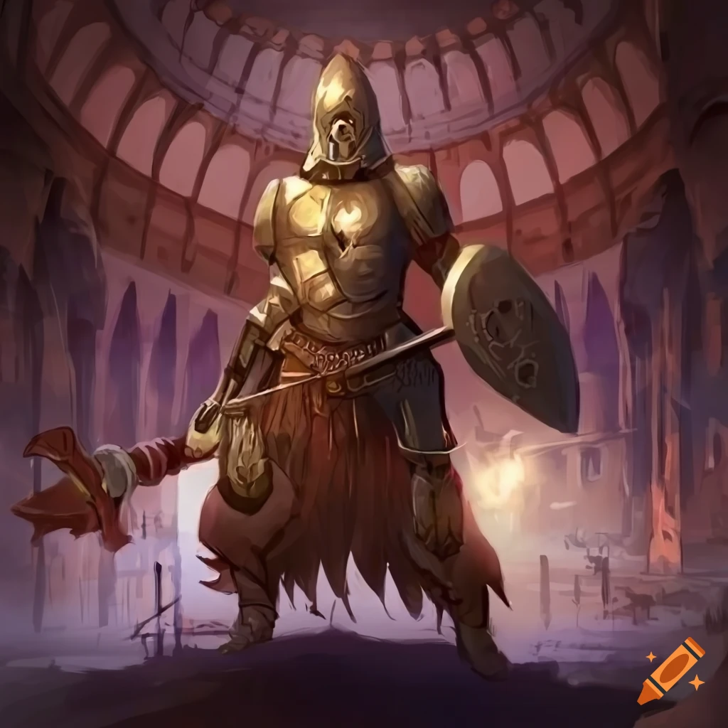 Fantasy art of a metallic fighter in a coliseum on Craiyon
