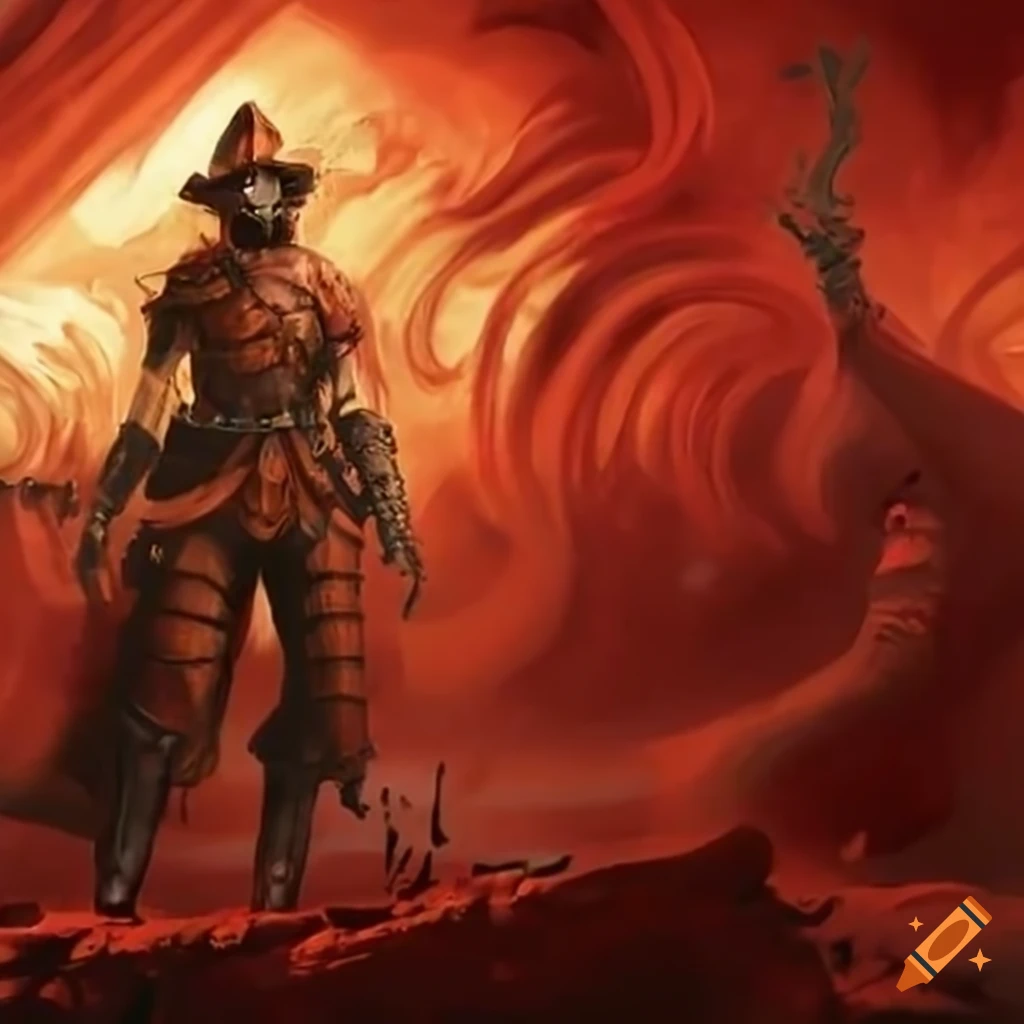 Digital art of an adventurer riding a fiery red worm
