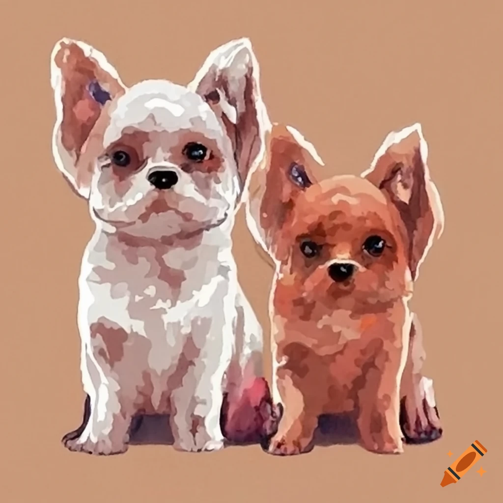 Two small dogs, one beige and one white with orange spots on Craiyon