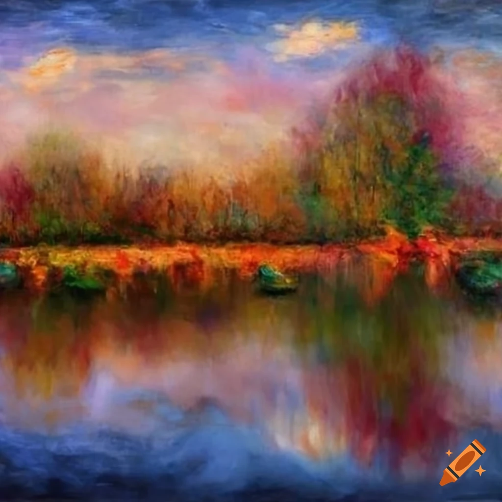 Abstract impressionist painting of a river with boats and reflections ...