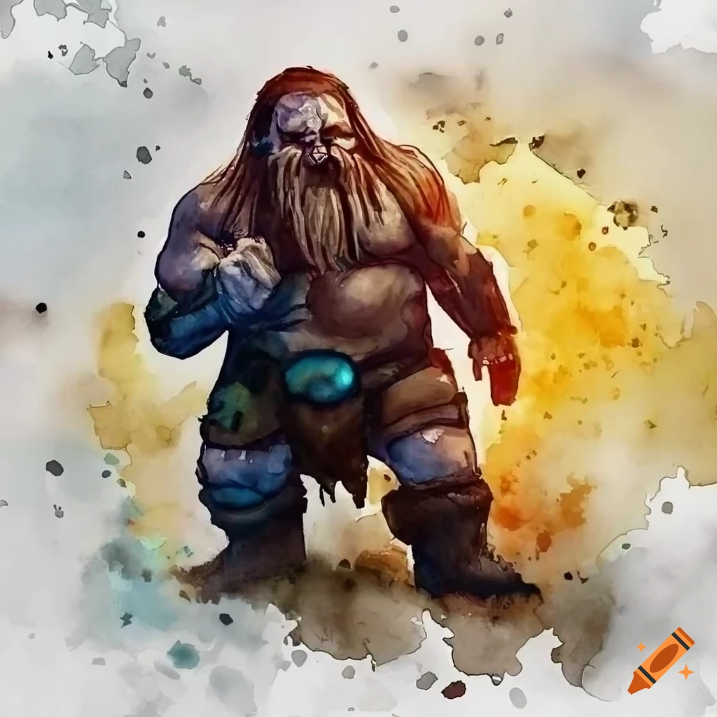 Watercolor artwork of a confident dwarf at sunrise