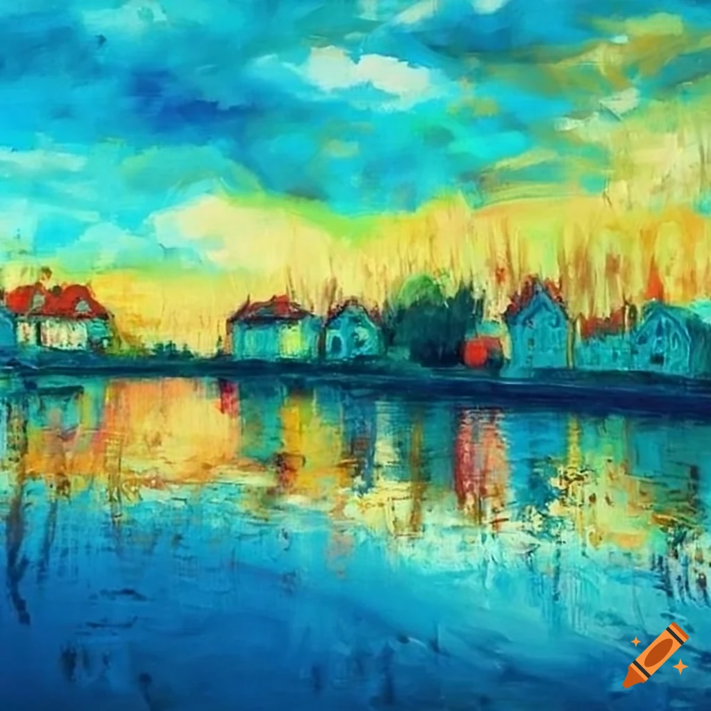 Abstract impressionist painting of a riverside city on Craiyon