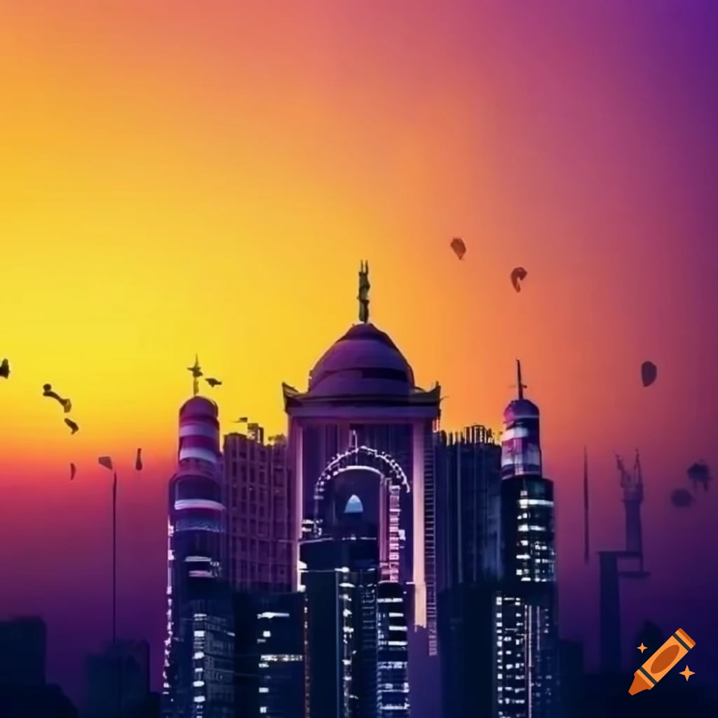 Futuristic cityscape with pink sunset in India on Craiyon