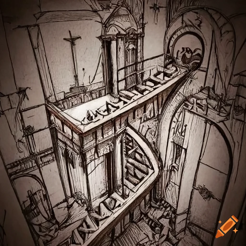 Intricate sketch of a renaissance steampunk chapel with an mc escher ...