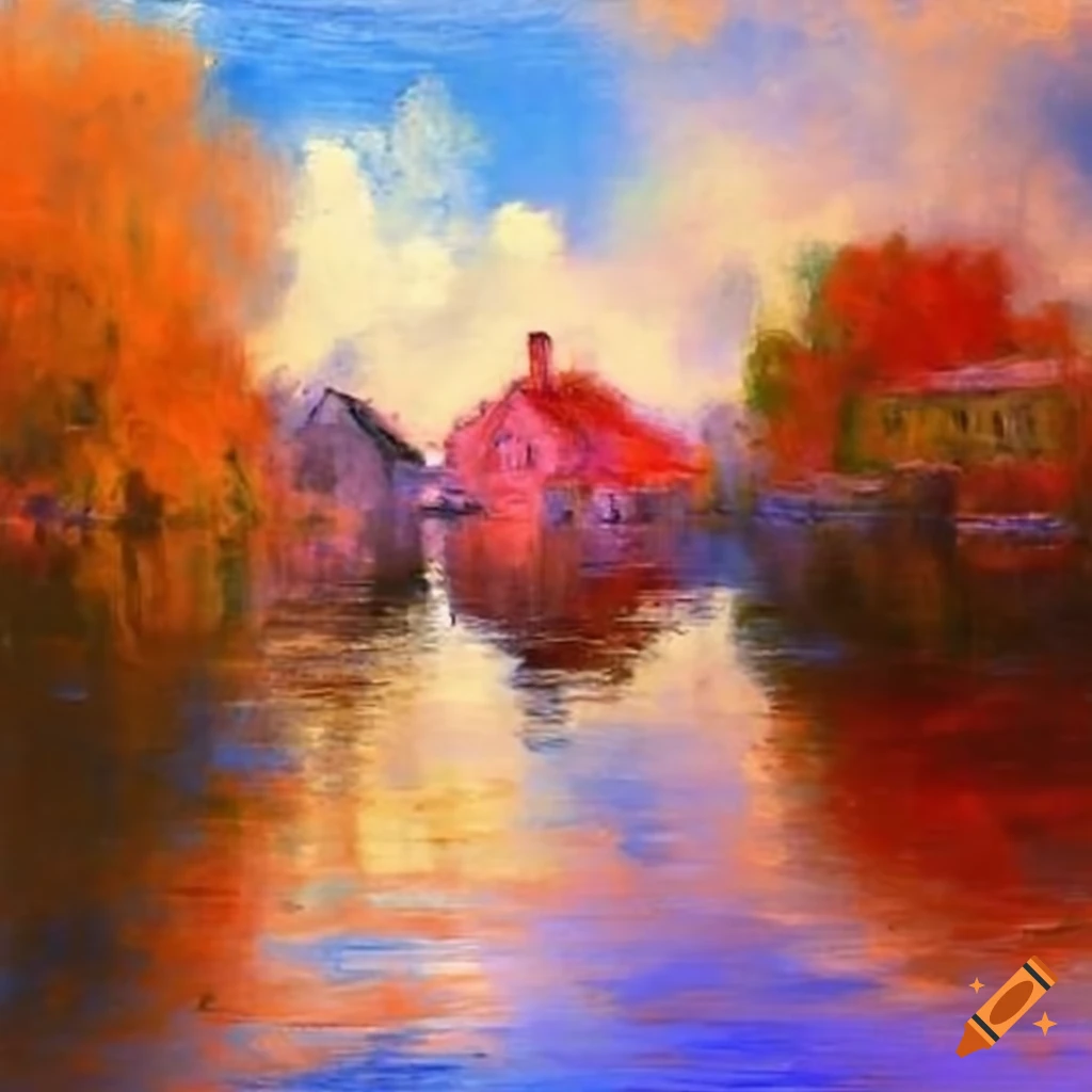 Impressionist painting of a river with boats and houses on Craiyon