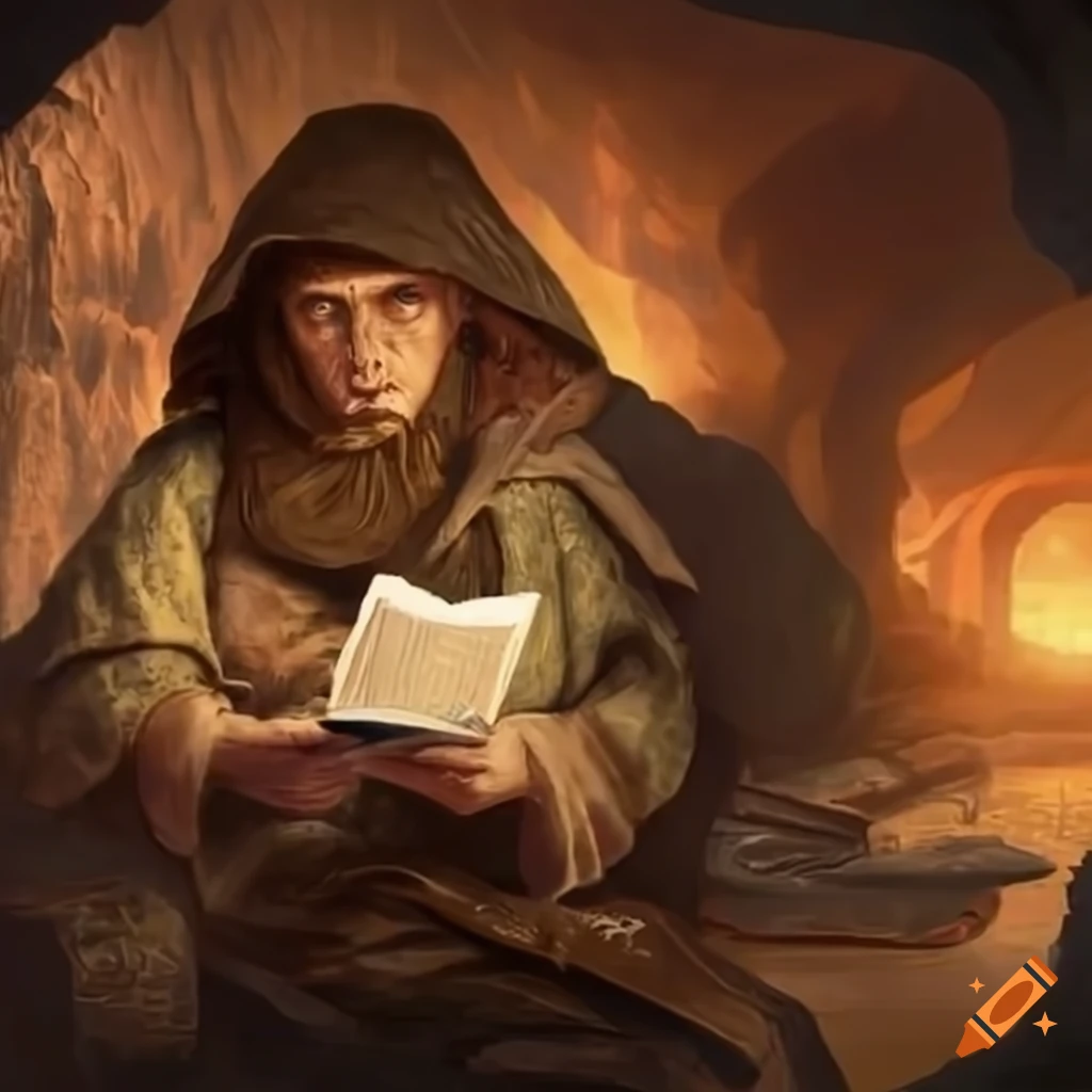 Image of a heroic explorer reading a scroll in a cave on Craiyon