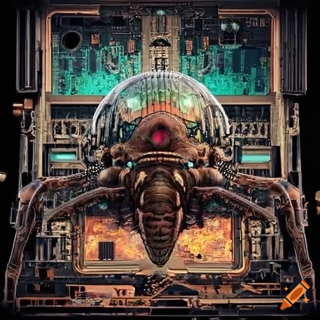 Surrealist artwork featuring insects, aliens, and machines