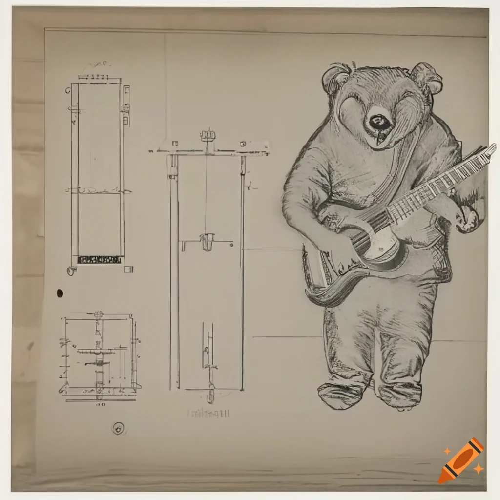 Blueprint of an animatronic bear guitarist on Craiyon
