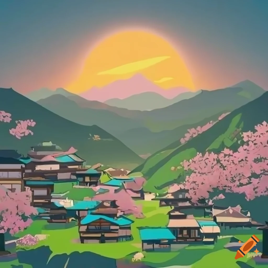 Isometric view of a traditional japanese village in the mountains on ...