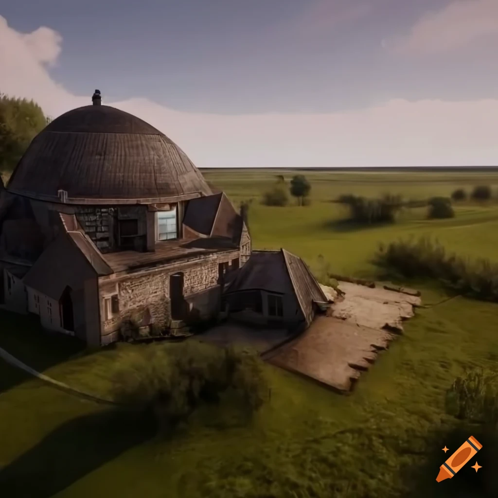 Aerial view of a sci-fi etruscan house on grassland on Craiyon