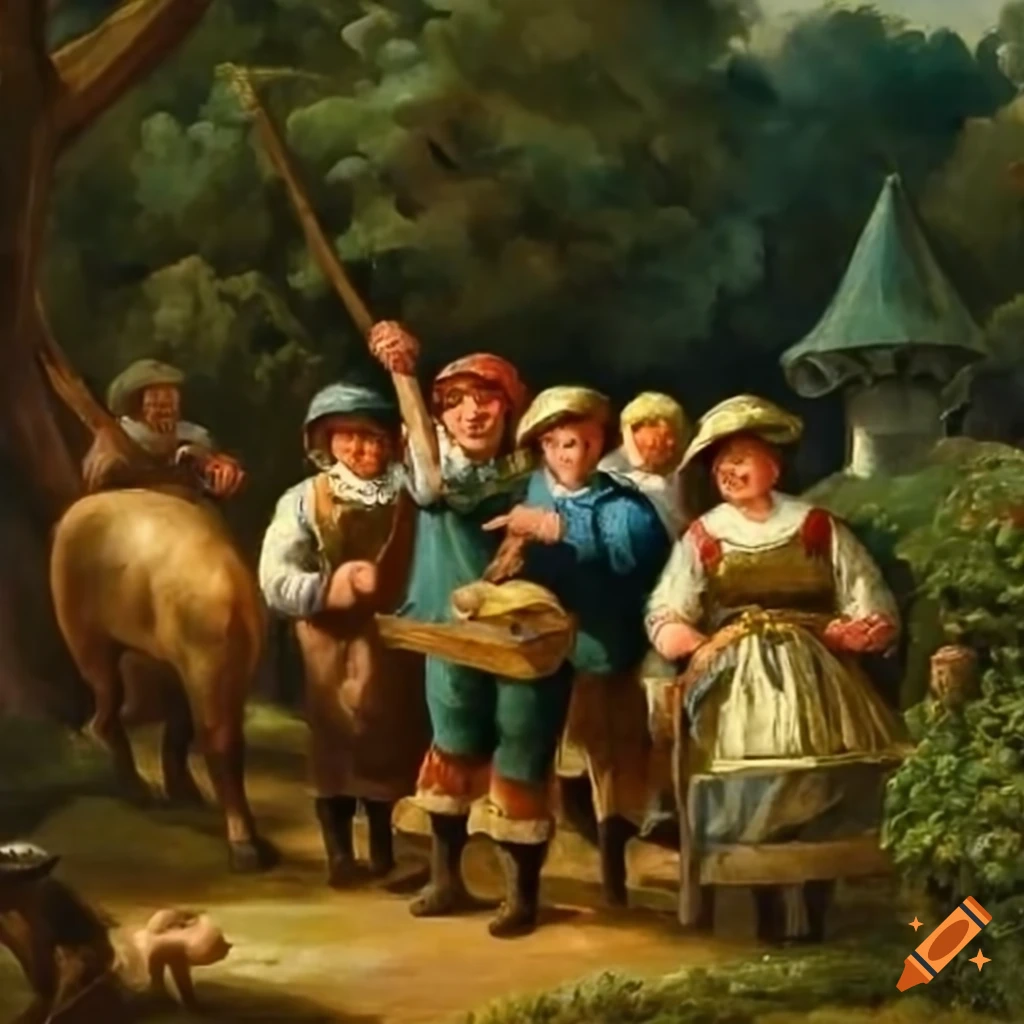 Baroque painting of village celebration near a forest on Craiyon