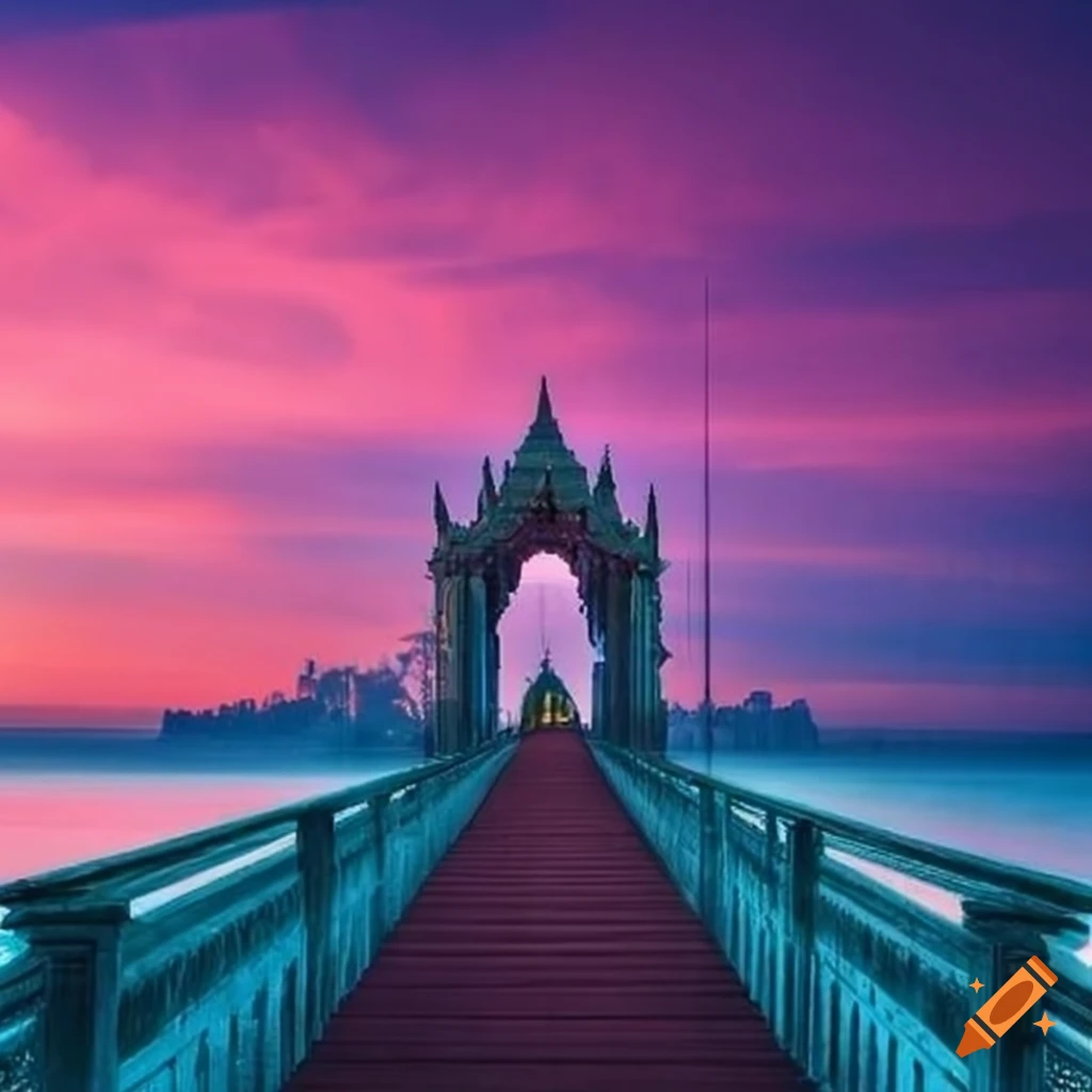 Temple on a magical bridge under a pink sky