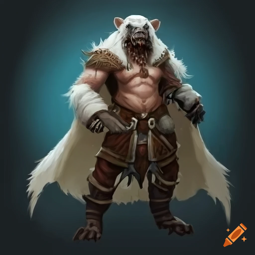 Illustration of a goliath barbarian wearing a bear skin cloak on Craiyon