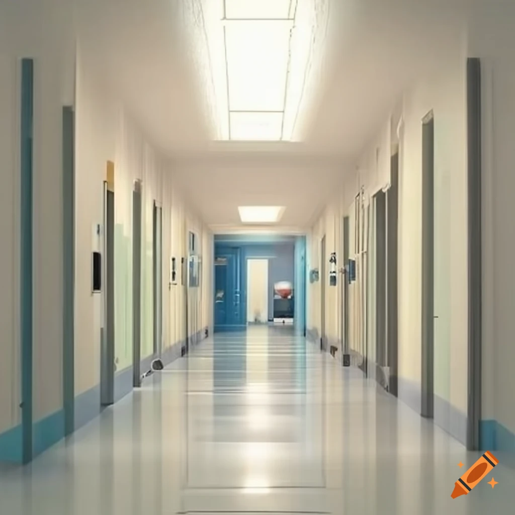 Hospital hallway with red lights and beds on Craiyon