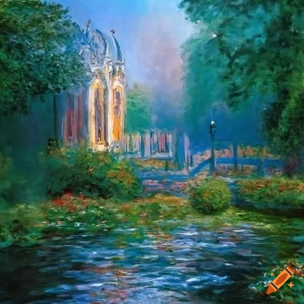 Monet's victorian garden painting with a pond and tall cathedral window ...