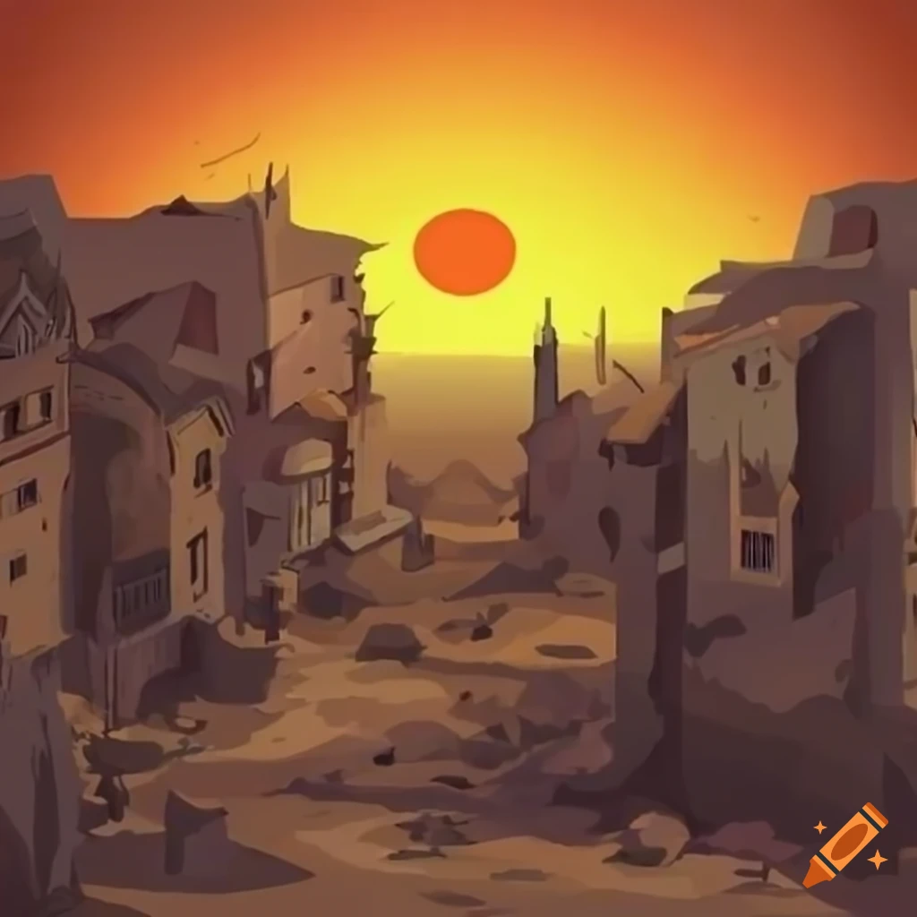 Isometric view of a post-apocalyptic village at sunrise on Craiyon
