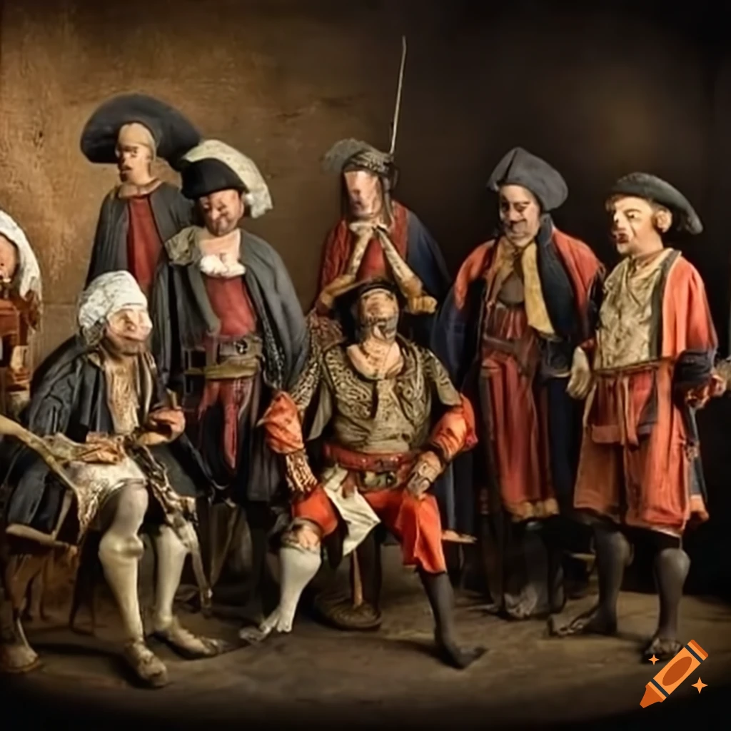 Image of nine men dressed as pirates in a mountain villa on Craiyon