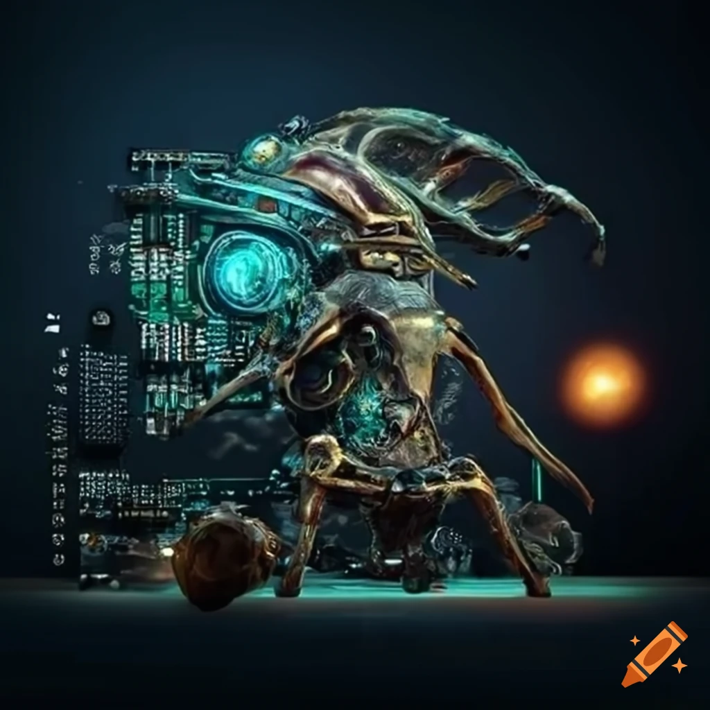 Surrealist scene with alien machines, spaceship, and unknown technology ...