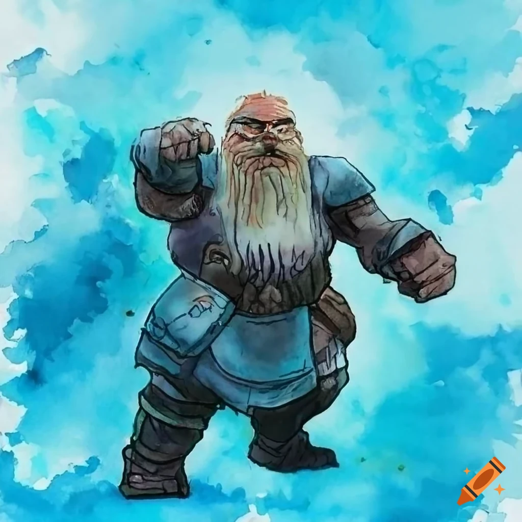 Watercolor of a confident dwarf at sunrise on Craiyon