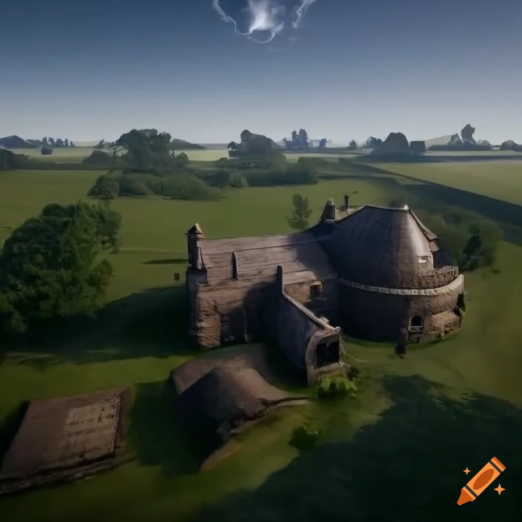 Aerial view of a sci-fi village square with various elements like ...