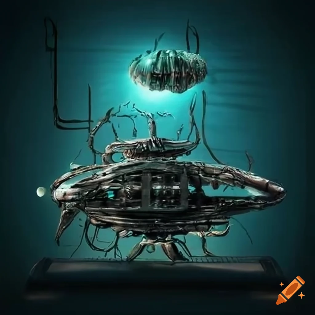 Surreal artwork of alien machines and spaceship on Craiyon