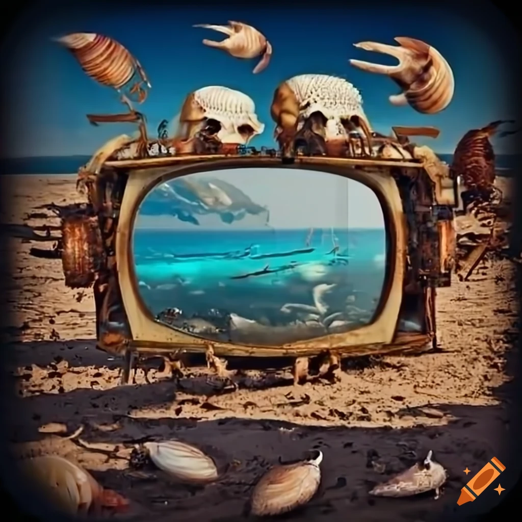 Surreal steampunk artwork with crab-like machines on the beach on Craiyon