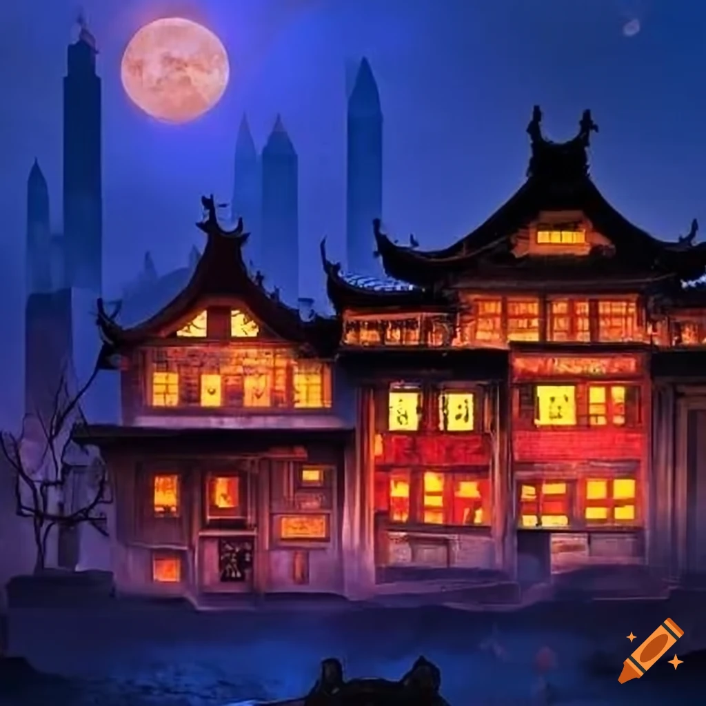 Scenic view of traditional chinese houses at sunset on Craiyon