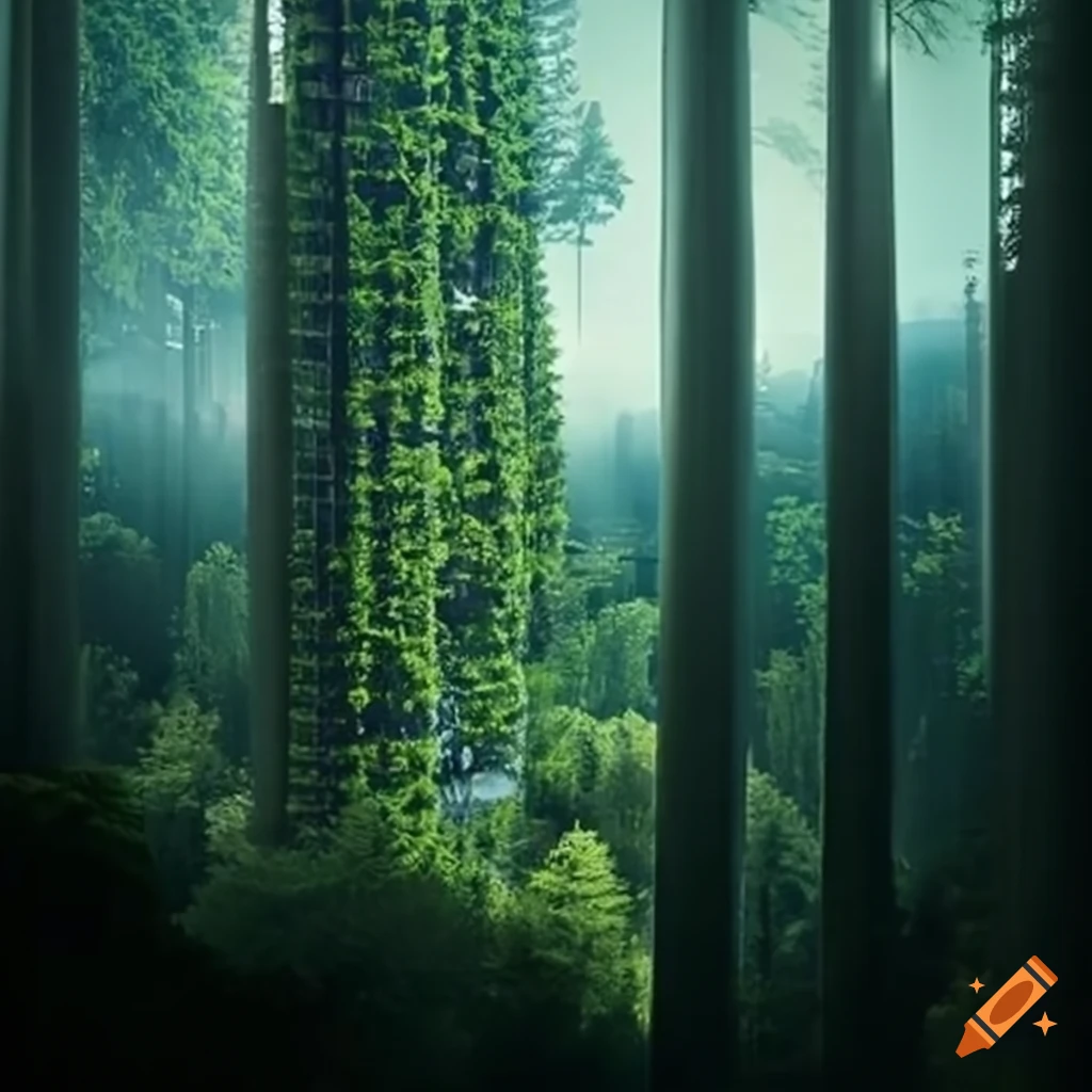 Contemporary glass architecture in a forest setting on Craiyon